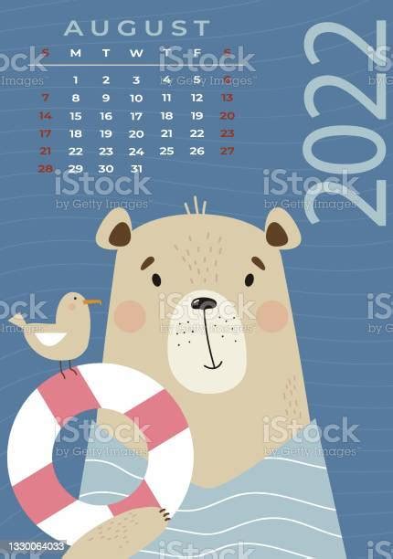 곰 달력 2022년 8월 갈매기와 구명 부표를 가진 귀여운 곰 관광객 벡터 그림입니다 세로 템플릿입니다 일요일부터 일주일 디자인 인쇄 및 어린이 컬렉션을 위한 문구류 0명에
