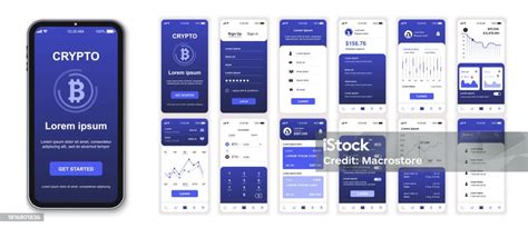 Crypto 모바일 앱 인터페이스 화면 템플릿 세트입니다 온라인 계정 재무 분석 수익 차트 환전 플랫폼 응용 프로그램 웹 레이