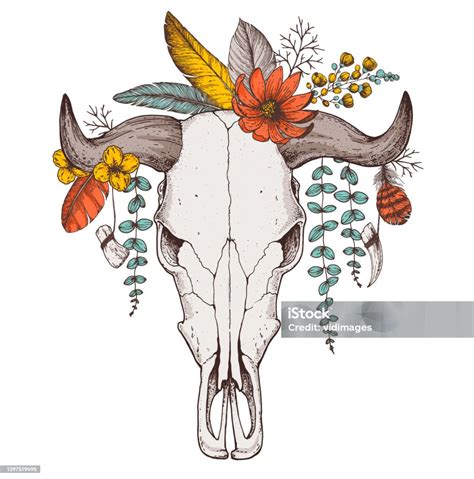 버팔로 해골과 꽃이 손으로 그린 그림 와일드 웨스트 프린트 벡터 일러스트레이션 문신 빈티지 인쇄 버팔로 해골과 꽃다발 티셔츠 디자인 두개골에 대한 스톡 벡터 아트 및 기타