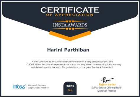 Harini Parthiban On Linkedin First Award In Infosys🏆