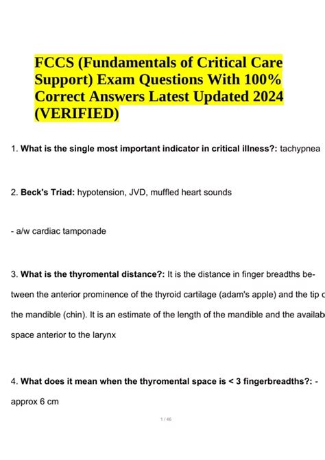 Fccs Fundamentals Of Critical Care Support Exam Questions With 100 Correct Answers Latest