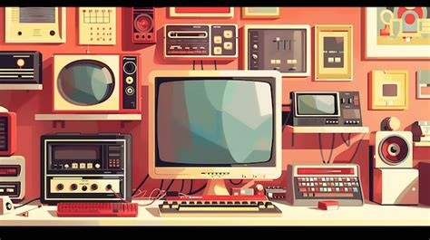 An Illustration Of A Retro Computer Setup With Multiple Vintage