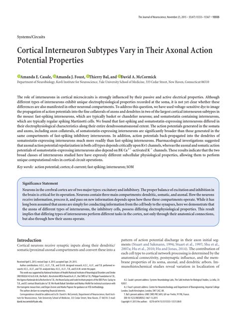 Pdf Cortical Interneuron Subtypes Vary In Their Axonal Action Potential Properties