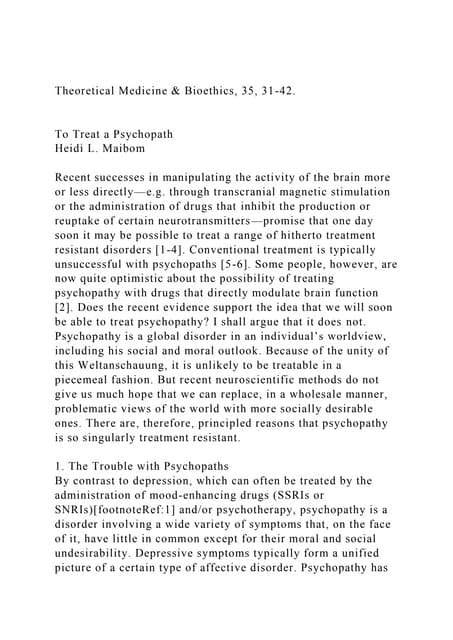 Theoretical Medicine And Bioethics 35 31 42 To Treat A Psyc Docx