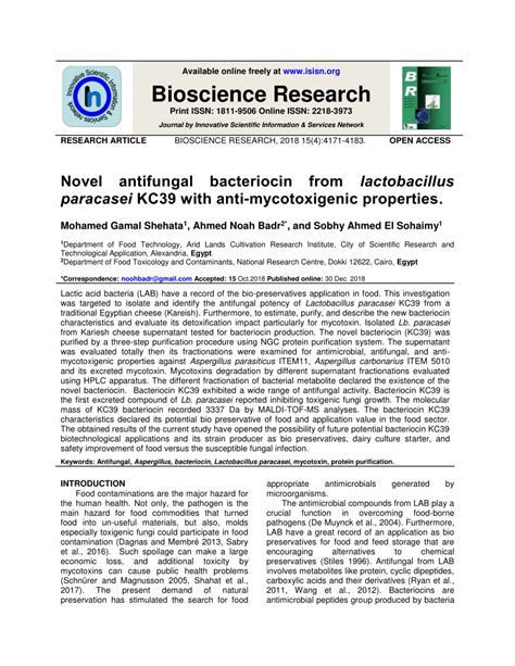 Pdf Novel Antifungal Bacteriocin From Lactobacillus Paracasei Kc39 With Anti Mycotoxigenic