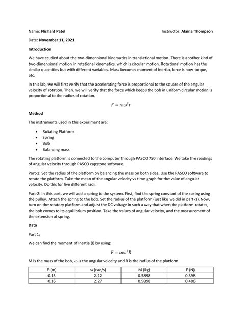 Lab IIT Physis Mechanics Lab Report Name Nishant Patel Instructor Alaina