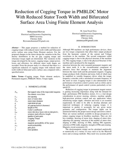 Pdf Reduction Of Cogging Torque In Pmbldc Motor With Reduced Stator Tooth Width And Bifurcated