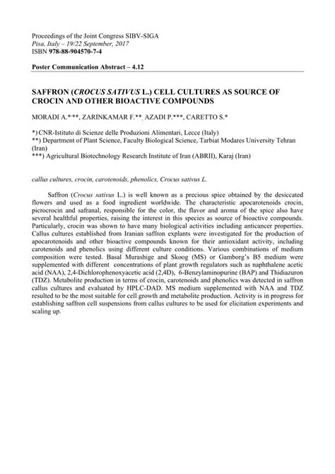 Pdf Saffron Crocus Sativus L Cell Cultures As Source Of Crocin And Other Bioactive Compounds