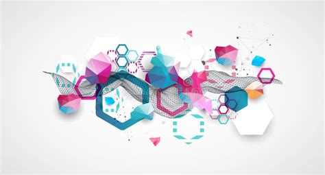Abstract Wave With Colorful Hexagons And Plexus Effect Scientific And