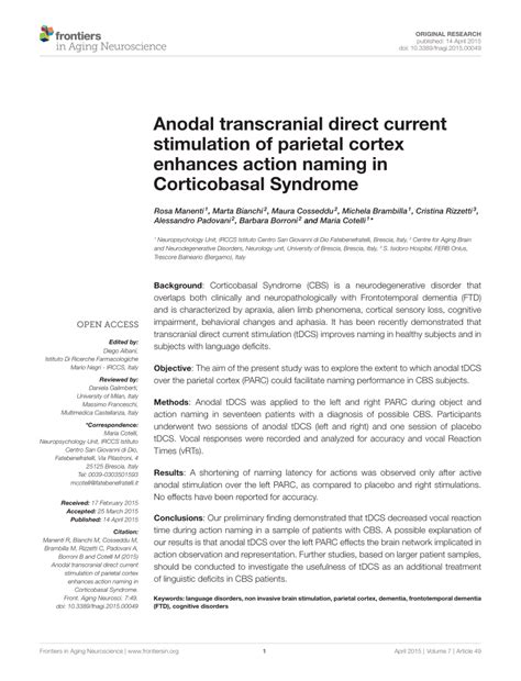 Pdf Anodal Transcranial Direct Current Stimulation Of Parietal Cortex Enhances Action Naming