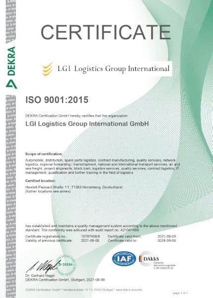 Certificate Iso 9001 Logistics With Quality Lgi