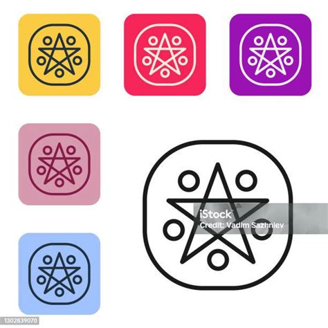 흰색 배경에 격리 된 원 아이콘의 검은 줄 펜타그램 마법의 신비별 기호 색상 정사각형 단추로 아이콘을 설정합니다 벡터 0명에