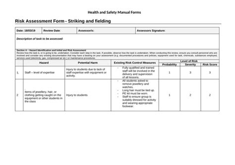 Striking Fielding Risk Assessment Teaching Resources