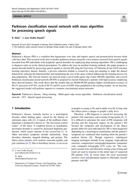 Parkinson Classification Neural Network With Mass Algorithm For