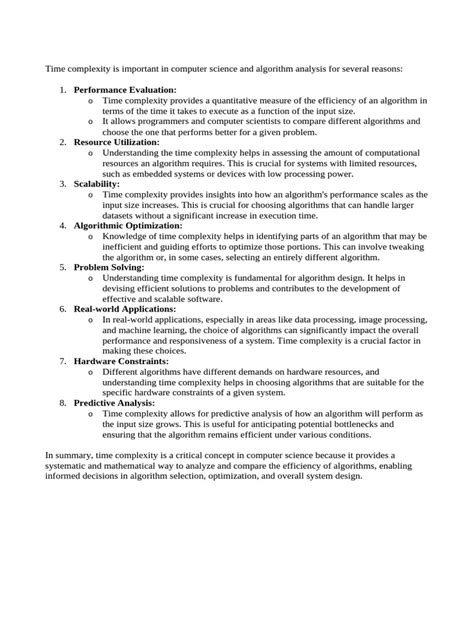 Time Complexity Is Important In Computer Science And Algorithm Analysis For Several Reasons