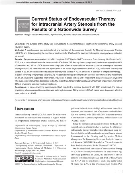 Pdf Current Status Of Endovascular Therapy For Intracranial Artery Stenosis From The Results