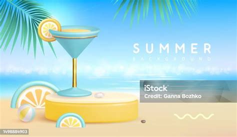 3d 무대와 칵테일 블루 라군이 있는 여름 해변 배경 화려한 여름 풍경입니다 벡터 그림 0명에 대한 스톡 벡터 아트 및 기타 이미지 0명 3차원 형태 강단 Istock