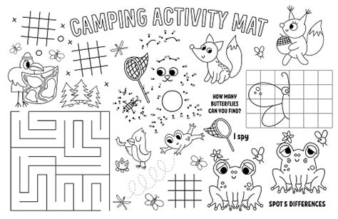 아이들을위한 벡터 캠핑 장소 매트 미로 틱 택 토 차트와 여름 캠프 휴일 인쇄 활동 매트 점을 연결 차이를 찾을 수 있습니다