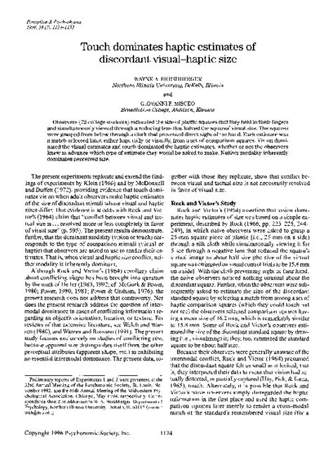 Pdf Touch Dominates Haptic Estimates Of Discordant Visual Haptic Size