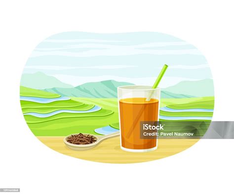 차 녹색 테라스 필드 농장 및 뜨거운 향기로운 음료 양조 벡터 일러스트 레이 션과 유리 0명에 대한 스톡 벡터 아트 및 기타