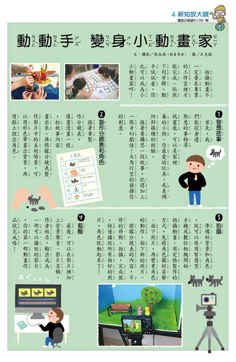 國語日報週刊 你喜歡看動畫影片嗎？你最喜歡的動畫角色是什麼呢？ 你知道嗎，原來動畫可能是用手工繪製的，也可能是在電腦裡畫出來的，甚至我們日常生活中的各種材料，像是黏土或沙子也都能做成動畫呵