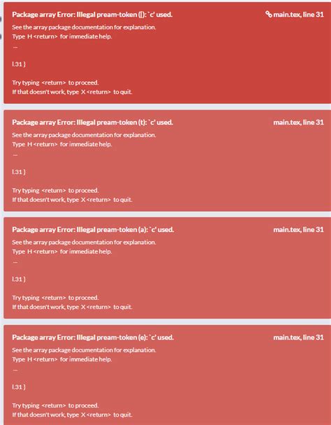 Tables Error Package Array Error Illegal Pream Toke `c` Used