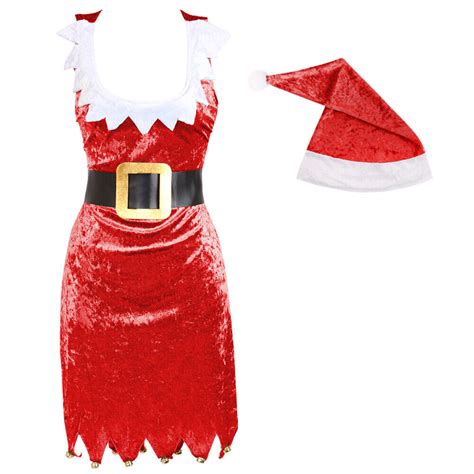 Ladies Red Velour Miss Santa Dress Sexy Mrs Claus Christmas Costume