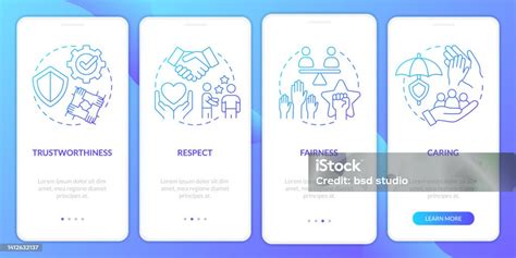 조직 윤리 요소 파란색 그라디언트 온보딩 모바일 앱 화면 Brand Name Smart Phone에 대한 스톡 벡터 아트 및