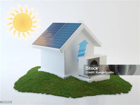 공기 열 펌프 및 태양 전지 패널 대체 에너지원이있는 3d 하우스 물 펌프에 대한 스톡 사진 및 기타 이미지 물 펌프 열 개념 바람 Istock