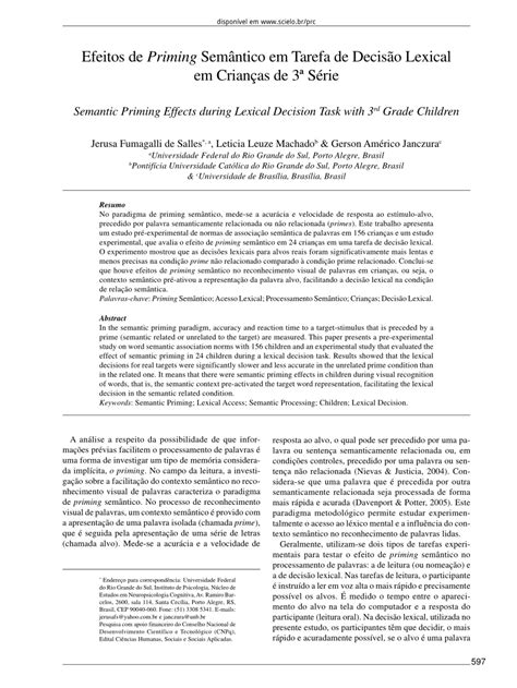 Pdf Efeitos De Priming Semântico Em Tarefa De Decisão Lexical Em Crianças De 3ª Série