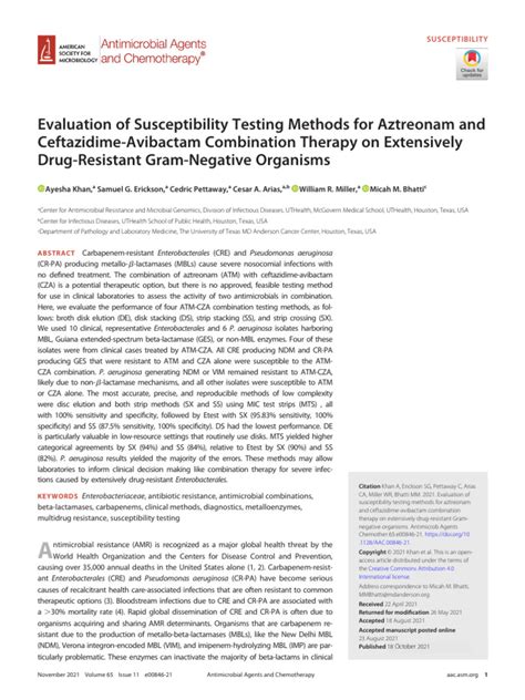 Khan Et Al 2021 Evaluation Of Susceptibility Testing Methods For Aztreonam And Ceftazidime