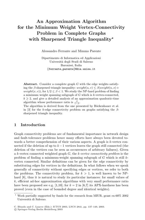 Pdf An Approximation Algorithm For The Minimum Weight Vertex Connectivity Problem In Complete