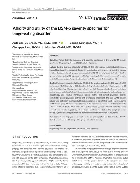 Pdf Validity And Utility Of The Dsm 5 Severity Specifier For Binge Eating Disorder