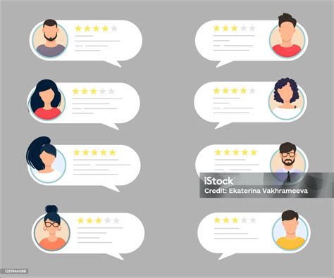 남성과 여성 아바타 세트와 피드백 채팅 음성 거품 좋은 나쁜 등급으로 5 성급 등급의 품질 시스템을 평가합니다 평가 개념 및 평가 벡터 그림입니다 개념에 대한 스톡 벡터