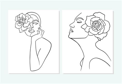 Set Of Portraits Face With Flower Simple Minimalist Vector Illustration Of Beautiful Woman