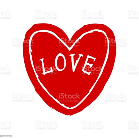 빨간 잉크 하트와 단어 사랑 아이콘입니다 컬러 실루엣 정면도 벡터 간단한 평면 그래픽 손으로 그린 그림입니다 흰색 배경에 격리된 개체입니다 격리 고풍스런에 대한 스톡 벡터