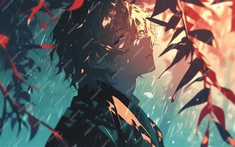 Аниме мальчик с короткими волосами и черной курткой стоит под дождем Премиум Ai