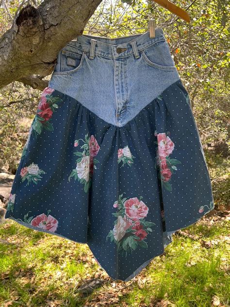 Reworked Denim Floral Skirt Etsy