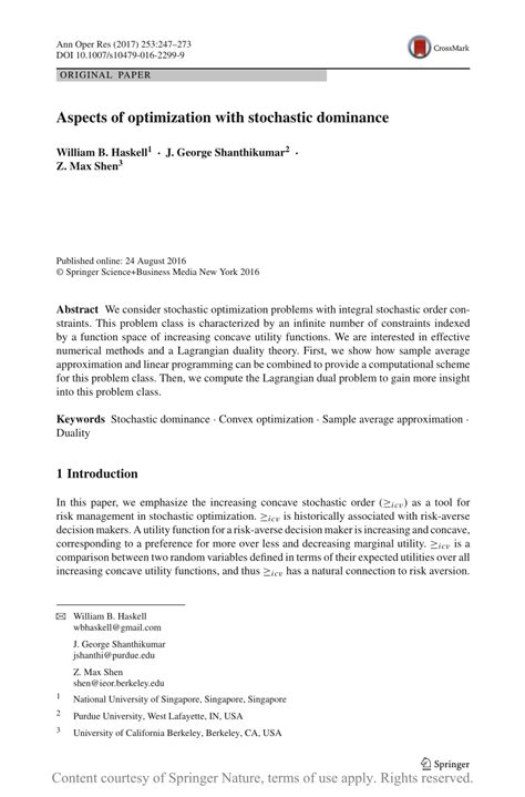 Aspects Of Optimization With Stochastic Dominance Request Pdf