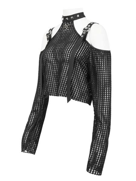 Black Gothic Punk Buckle Strap Cold Shoulder Halter Top For Women