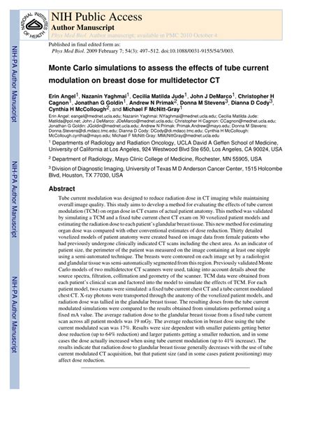 Pdf Monte Carlo Simulations To Assess The Effects Of Tube Current Modulation On Breast Dose