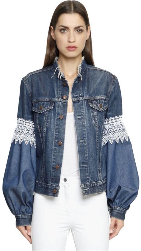 Cotton Denim Jacket W Lace Inserts Denim Jacket Denim Lace Insert