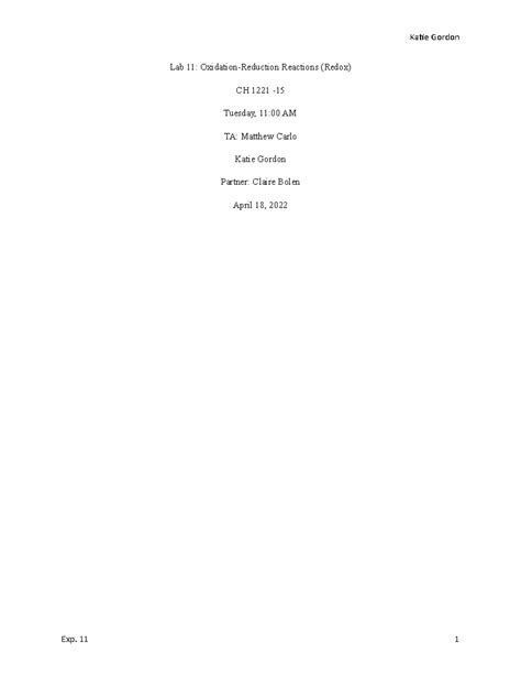 Redox Lab Report Lab Lab Oxidation Reduction Reactions Redox CH Tuesday
