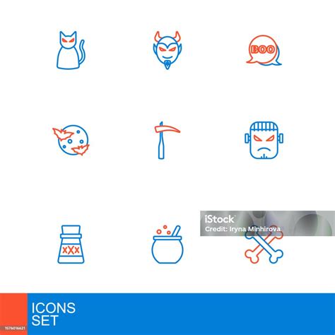 교차 된 뼈 할로윈 마녀 가마솥 물약이 든 병 프랑켄슈타인 얼굴 달과 별 낫 부 말풍선 및 악마 머리 아이콘을 설정합니다 벡터 가득 찬에 대한 스톡 벡터 아트 및 기타