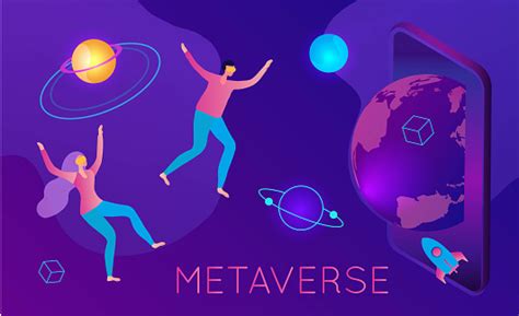 메타버스 컨셉 가상 현실 헤드셋 안경을 착용한 여성 가상 공간과 우주 벡터 일러스트레이션 Brand Name Smart Phone에 대한 스톡 벡터 아트 및 기타 이미지