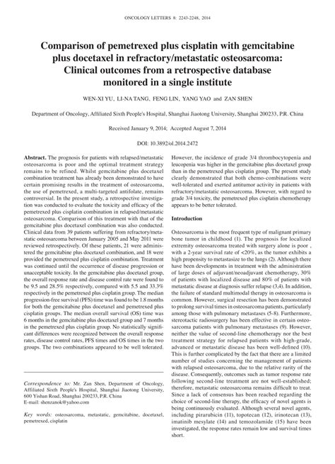 Pdf Comparison Of Pemetrexed Plus Cisplatin With Gemcitabine Plus Docetaxel In Refractory