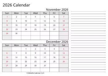 October November December 2026 Calendar Printable