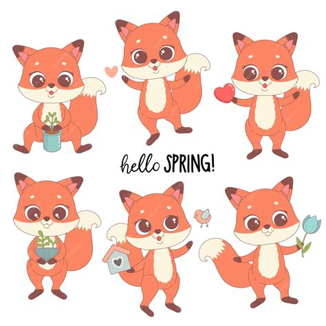 Premium Vector Cute Fox Set With Spring Flowers Hearts Plants