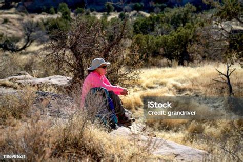 광대 한 사막의 풍경을 즐기는 하이킹에서 휴식을 취하는 신체적으로 맞는 수석 여성 건강한 생활방식에 대한 스톡 사진 및 기타 이미지 건강한 생활방식 걷기 경외감