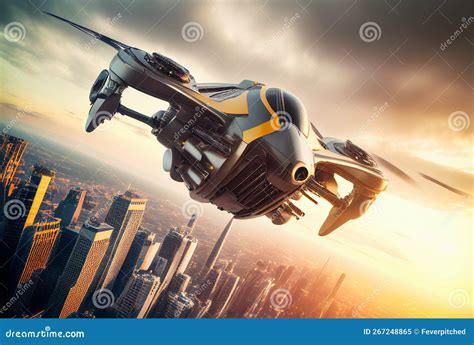 Futuristic Drone Flying Above A City Generative Ai Stock Illustration Illustration Of